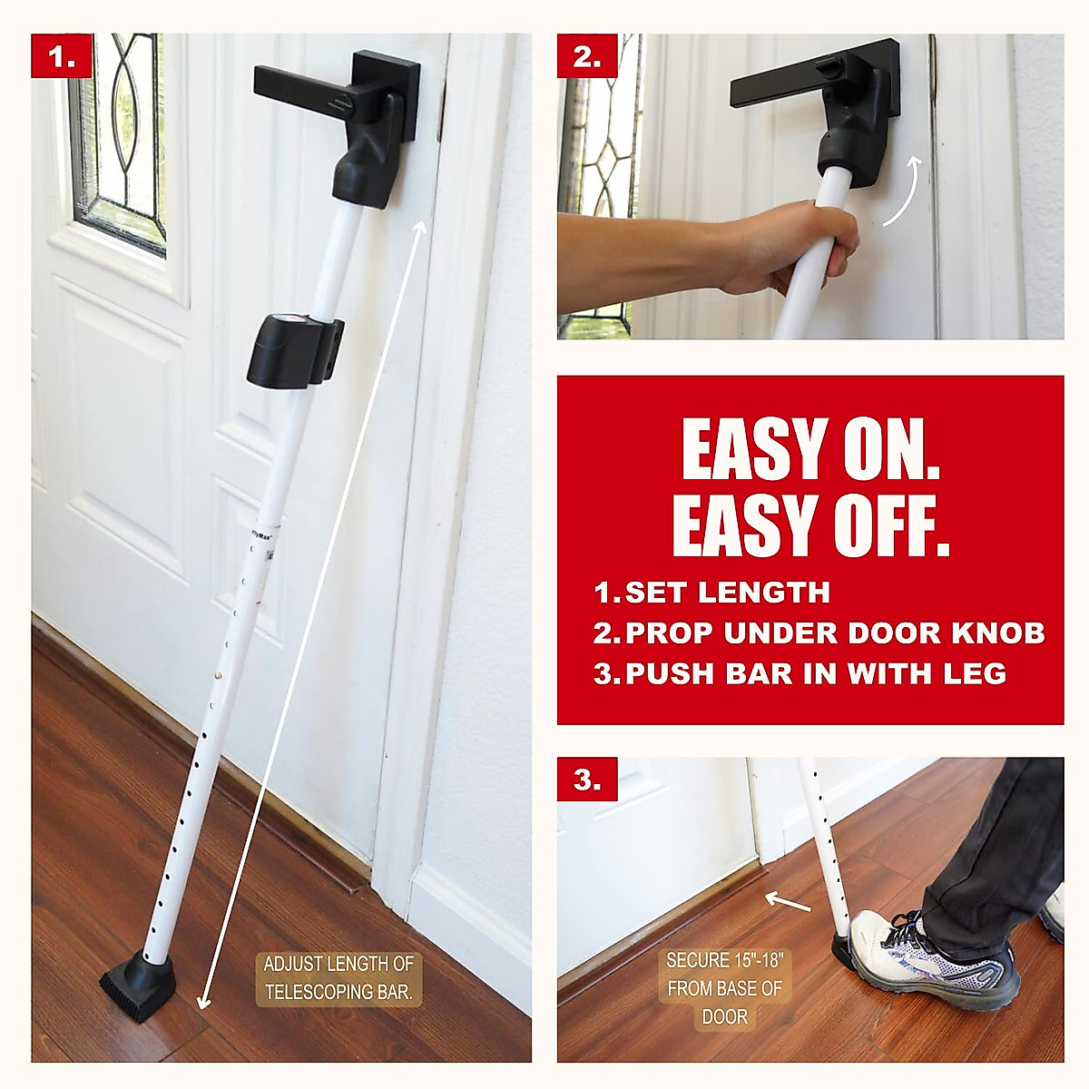 SECURITYMAN 2-in-1 Door Security Bar with Alarm & Sliding Door Stopper Security Bar with 120db Loud Alert Siren - Durable & Rugged Iron, (Protects Against Scratches), White 2021 Model (SECURITYBARS)
