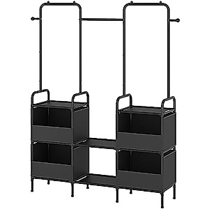 Laiensia Clothes Rack,3 Rods Portable Clothing Hanging Garment Rack,Coat and Shoe Rack with 4 Storage Shelves and 4 Storage Pockets,for Bedroom,Entryway,Living room,Black