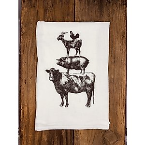 Farmhouse Tea Towel | Stacked Farm Animals | Cow Pig Goat Rooster | Kitchen Dish Towel Gift