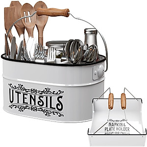 NOOK & FORK Farmhouse Utensil Caddy – Silverware & Flatware Holder/Organizer for Countertop & Parties with Matching Napkin Carrier Vintage White