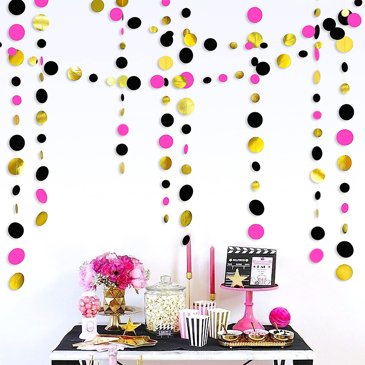 46 Ft Black Hot Pink and Gold Circle Dots Garland Hanging Paper Polka Dots Streamer for Birthday Bachelorette Engagement Wedding Baby Bridal Shower Anniversary Minnie Theme Party Decorations Supplies