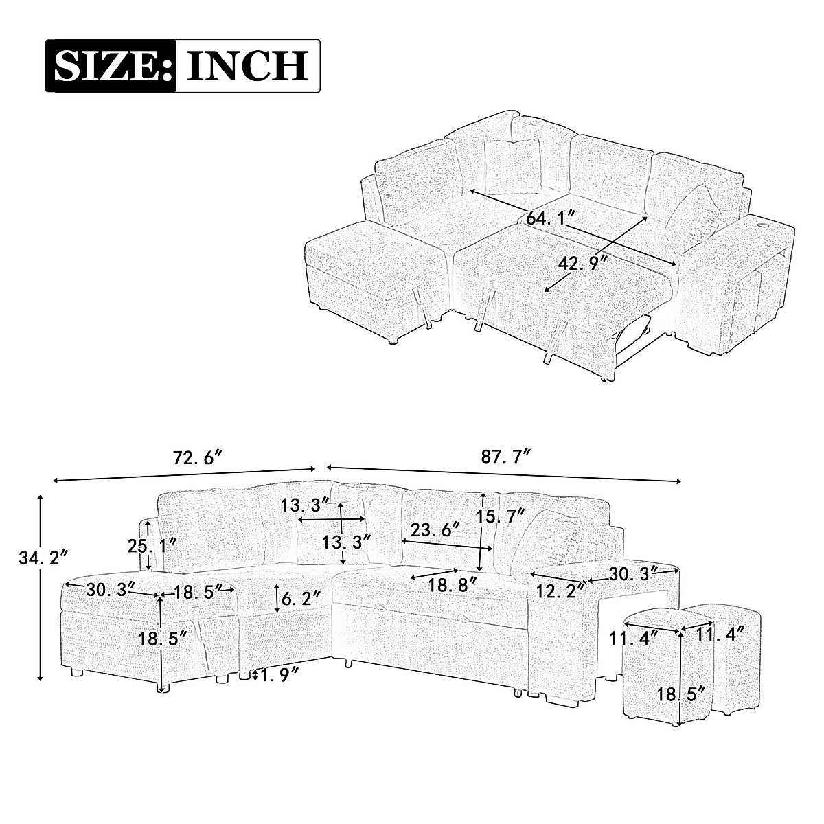 Merax Sofa Bed Sleeper Couch L Shaped Sofa with Storage Ottoman, 2 Throw Pillows and 2 Stools, Sectional Pull Out Sofa Bed with Wireless Charger and 2 Hidden USB Ports for Living Room (Cream)