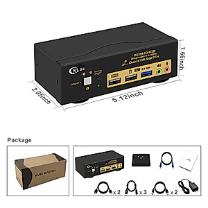 CKLau 2 Port USB 3.0 Dual Monitor KVM Switch Displayport 1.4 + HDMI 2.1 Supports 8K@60Hz, 4K@144Hz with Audio Output and All Input Cables