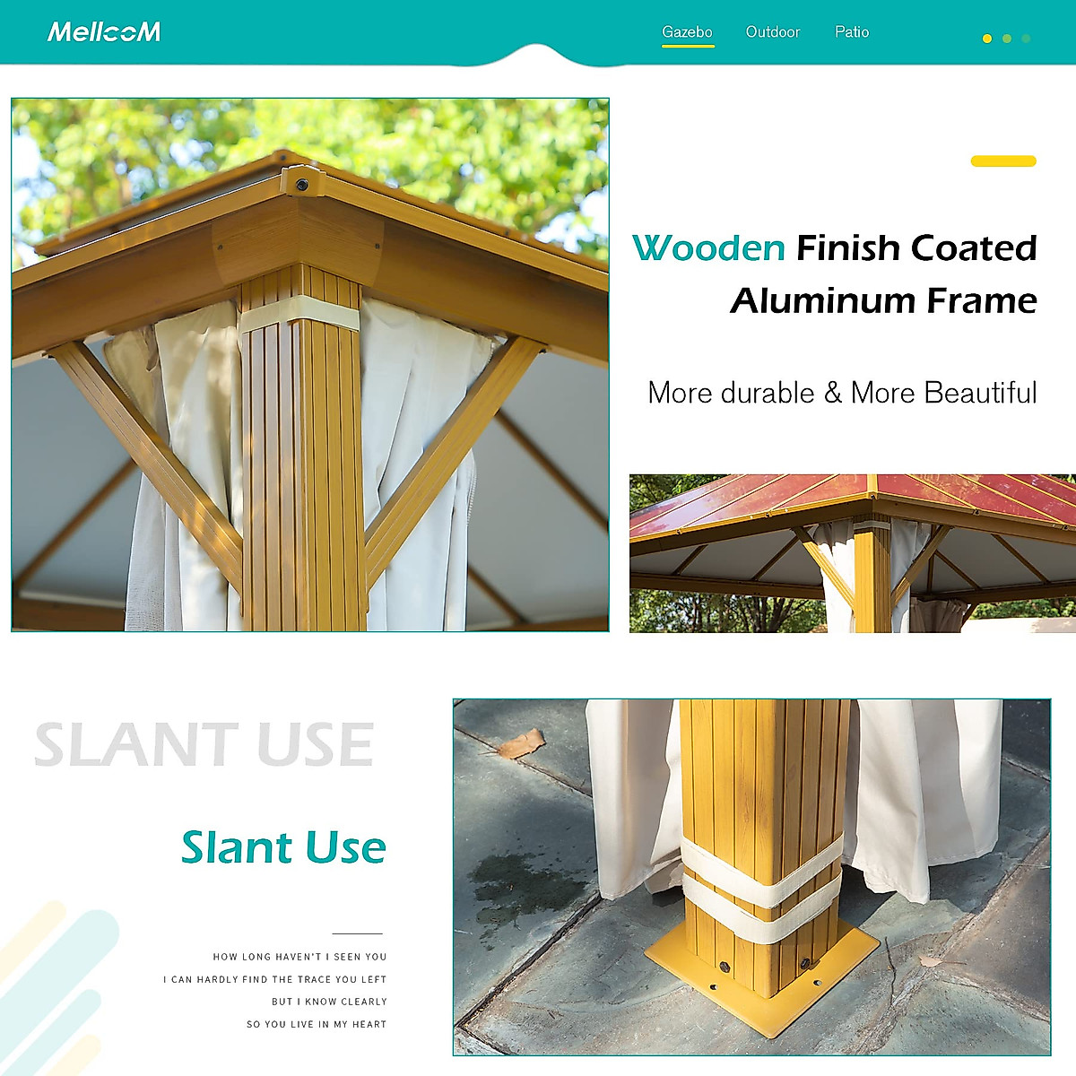 MELLCOM 10' x 12' Hardtop Gazebo, Wooden Finish Coated Aluminum Frame Outdoor Gazebo with Aluminum Double Roof, Claret Metal Gazebo with Curtains and Nettings for Patios, Gardens, Lawns, Parties