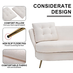RENDGO Velvet Loveseat Sofa, 64.2'' Mid Modern Small Love Seats with 2 Pillows & Golden Legs Comfy Couch for Living Room, Upholstered 2 Seater Sofa for Small Apartment (White)