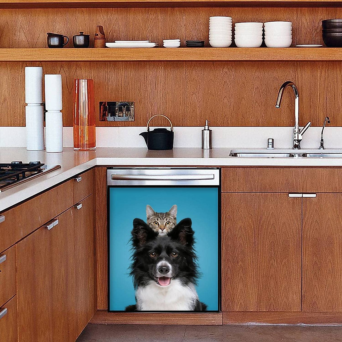 Dishwasher Magnet Sticker Border Collie Dog Portrait with a Hiding cat Behind Magnetic Refrigerator Sticker Appliance Covers Home Kitchen Decor for Fridge Metal Door Garage 23x26in