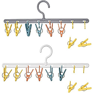 Foshine Clothes Hanger with 8 Color Clips 2 Pack Clothes Drying Racks Windproof for Drying Socks Bras Underwears Baby Clothes, Hats Scarfs Towels Pants and Gloves Diaper White Gray