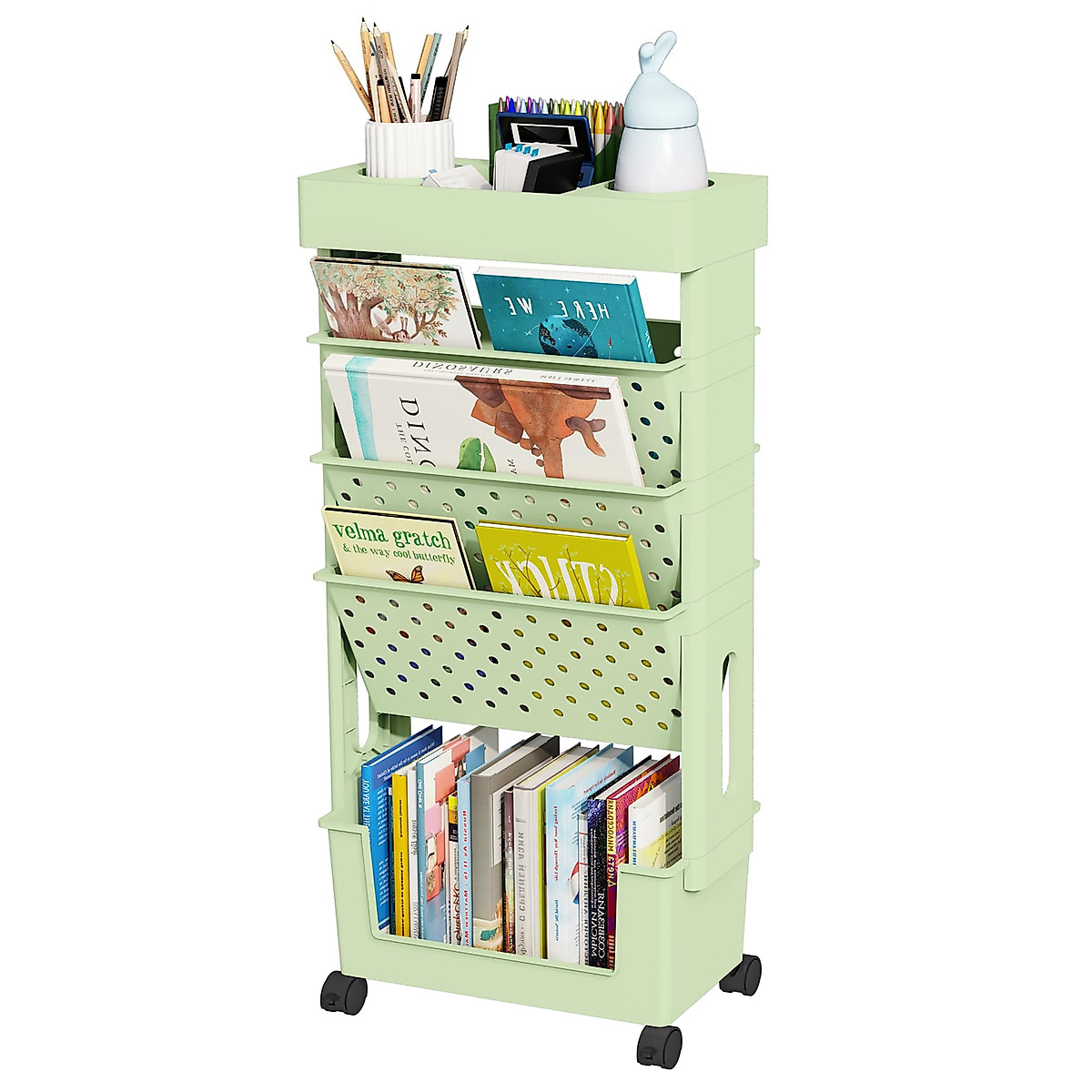 yeavs 5-Tier Mobile Bookshelf, Rolling Bookcase Book Storage Rack, Movable File Folder Organizer Cart with Wheels for Home Study Office Living Room Classroom, Green