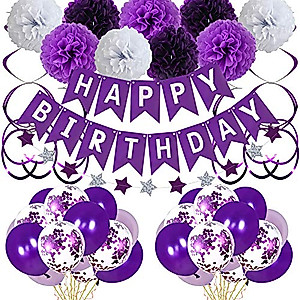 Birthday Decorations for Girls Women, Purple Party Decorations Happy Birthday Decoration with Bunting Banner, Balloons, Pompoms, Hanging Swirl for Bday Engagement Anniversary Party Decor Suit