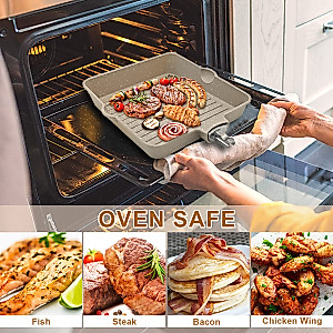 Bobikuke Nonstick Grill Pan, 8 Inch Grill Pan for Stove Tops Steak Pan Square Skillet with Removeable Handle, Oven& Dishwasher Safe, Double Pour Spouts (White)