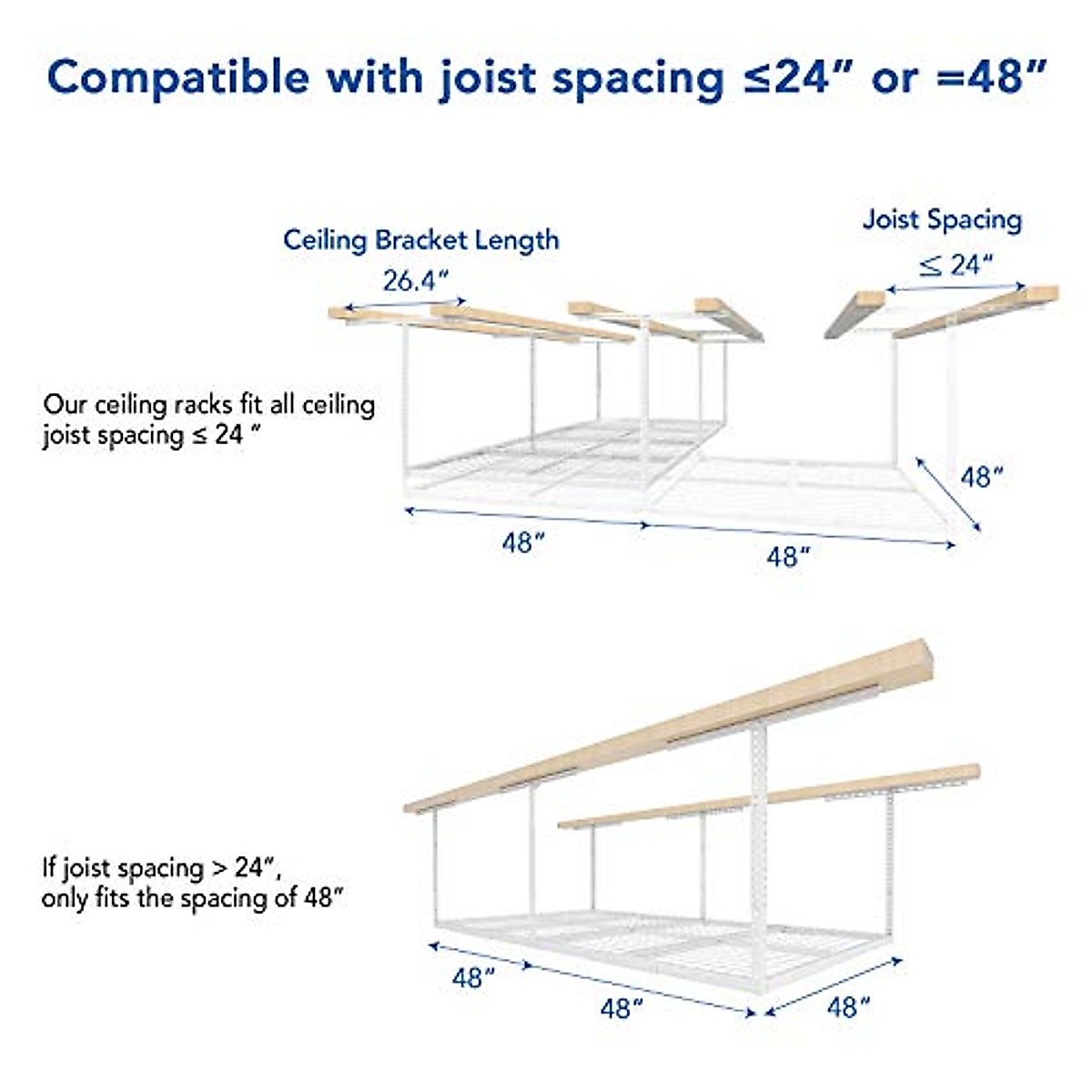 FLEXIMOUNTS 4x8 Overhead Garage Storage Rack w/Hooks Adjustable Ceiling Storage Racks, 96" Length x 48" Width x 40" Height, 22''-40" Ceiling Dropdown, White