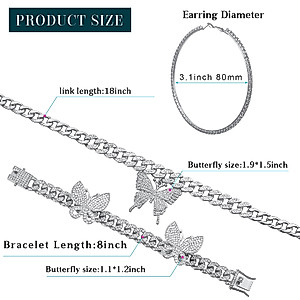 Hinly 3 Pieces Butterfly Jewelry Set Link Chain Necklace for Women Rhinestone Butterfly Pendant Necklace Rhinestone Butterfly Bracelet Large Hoop Earrings Bling Earrings (Silver, Classic)