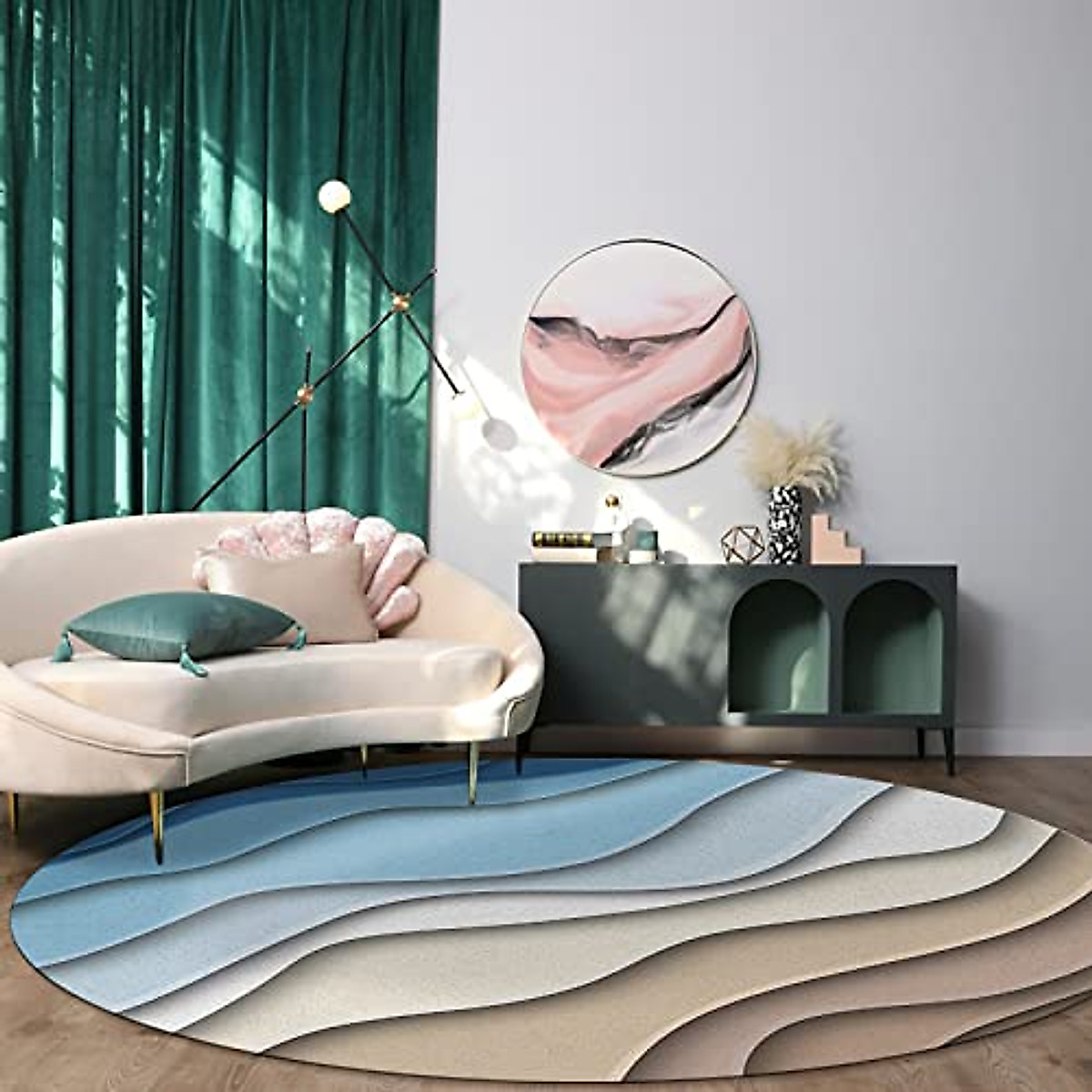 Blue White Brown Round Area Rug 3ft,Washable Outdoor Indoor Carpet Runner Rug for Bedroom,Kitchen,Bathroom,Living Room,Abstract Modern Ocean Seawaves Geometry Art Area+Rug Small Bath Door Desk Mat