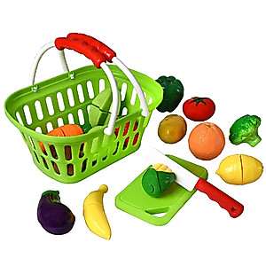 Playkidz: Fruit and Vegetables Basket Pretend Play Kitchen Food Educational Playset with Toy Knife, Cutting Board (32 Pieces of Food Toys)