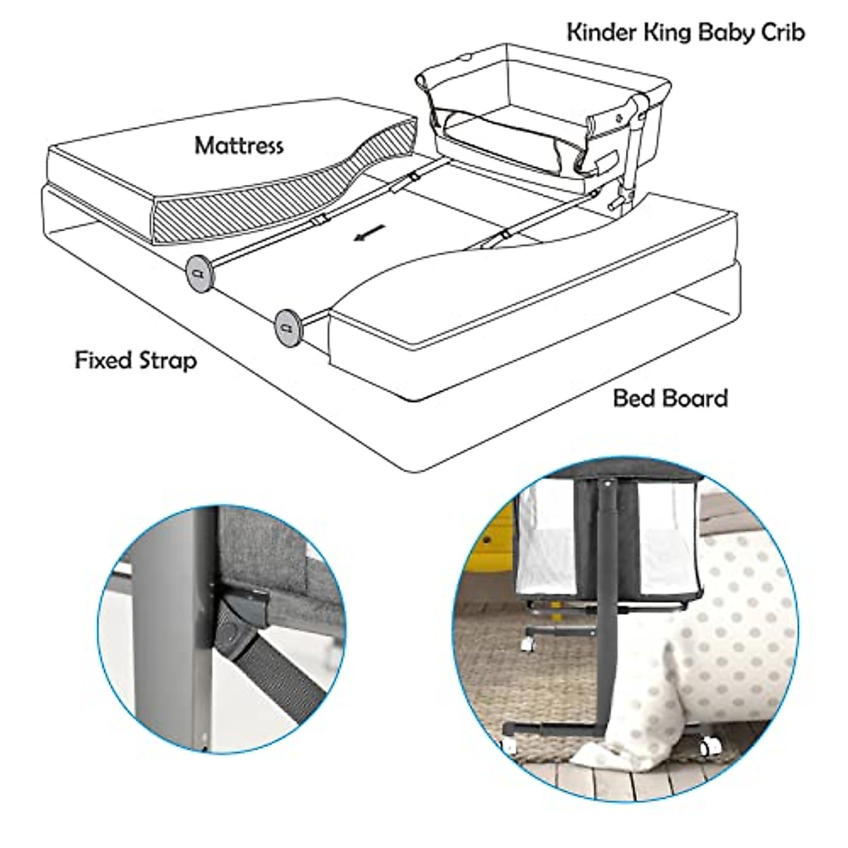 Kinder King Baby Bassinet w/Wheels, Folding Portable Newborn Bedside Sleeper, All-Sided Mesh Infant Crib, Adjustable Height/Angle, Removable Soft Mattress, No Tool to Assemble, Grey