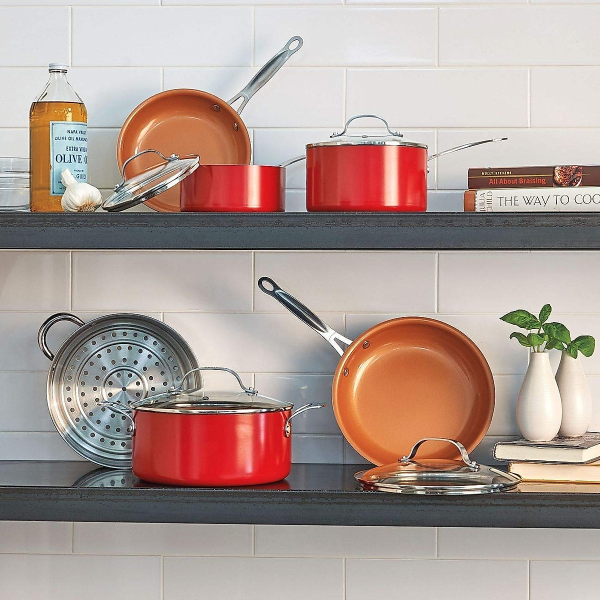 Gotham Steel 10-Piece Kitchen Set with Non-Stick Ti-Cerama Coating by Chef Daniel Green - Includes Skillets, Fry Pans, Stock Pots and Steamer Insert – Red