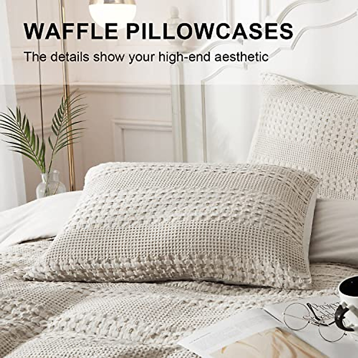 Ivellow Waffle Weave Duvet Cover Set 100% Cotton Duvet Cover Queen Textured khaki Duvet Cover Cozy Soft Breathable Queen Duvet Cover Skin-Friendly Luxury Comforter Cover Bedding Set All Season 90"x90"