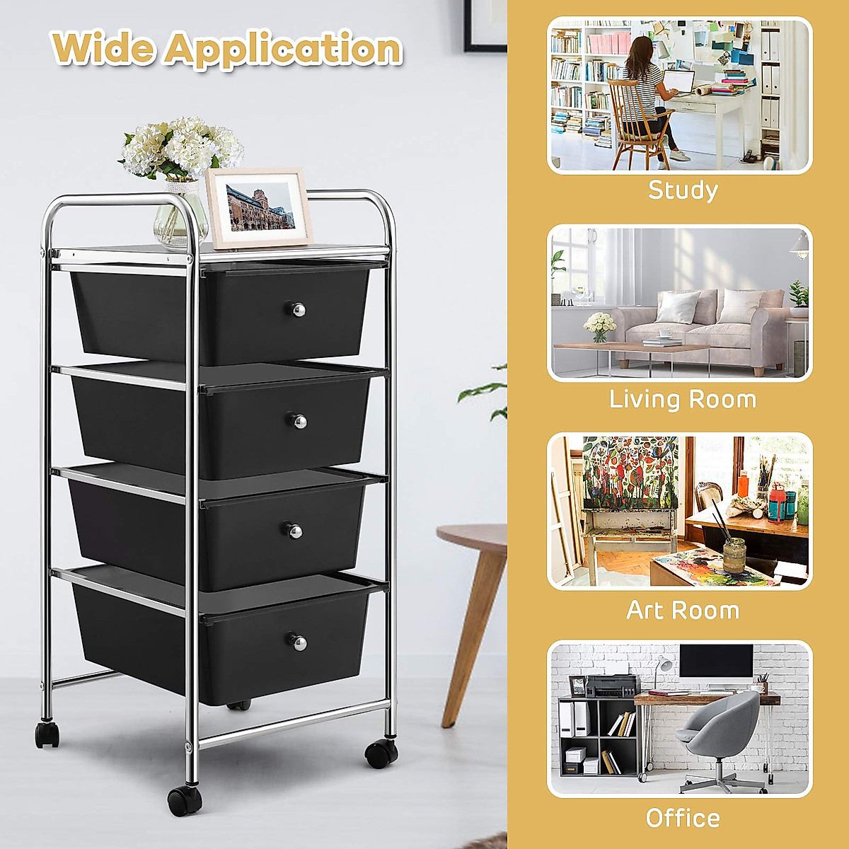 MAT EXPERT 4-Drawer Rolling Storage Cart, Mobile Organizer Cart w/Plastic Drawers & Casters, 4-Tier Rolling Storage Cart, Metal Frame Multipurpose Trolley Bin for Home/Office/School (Black)