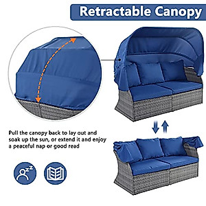 Merax Outdoor Patio Rattan Daybed Sunbed with Retractable Canopy, Sectional Conversation Sofa Set for Backyard and Porch, Blue