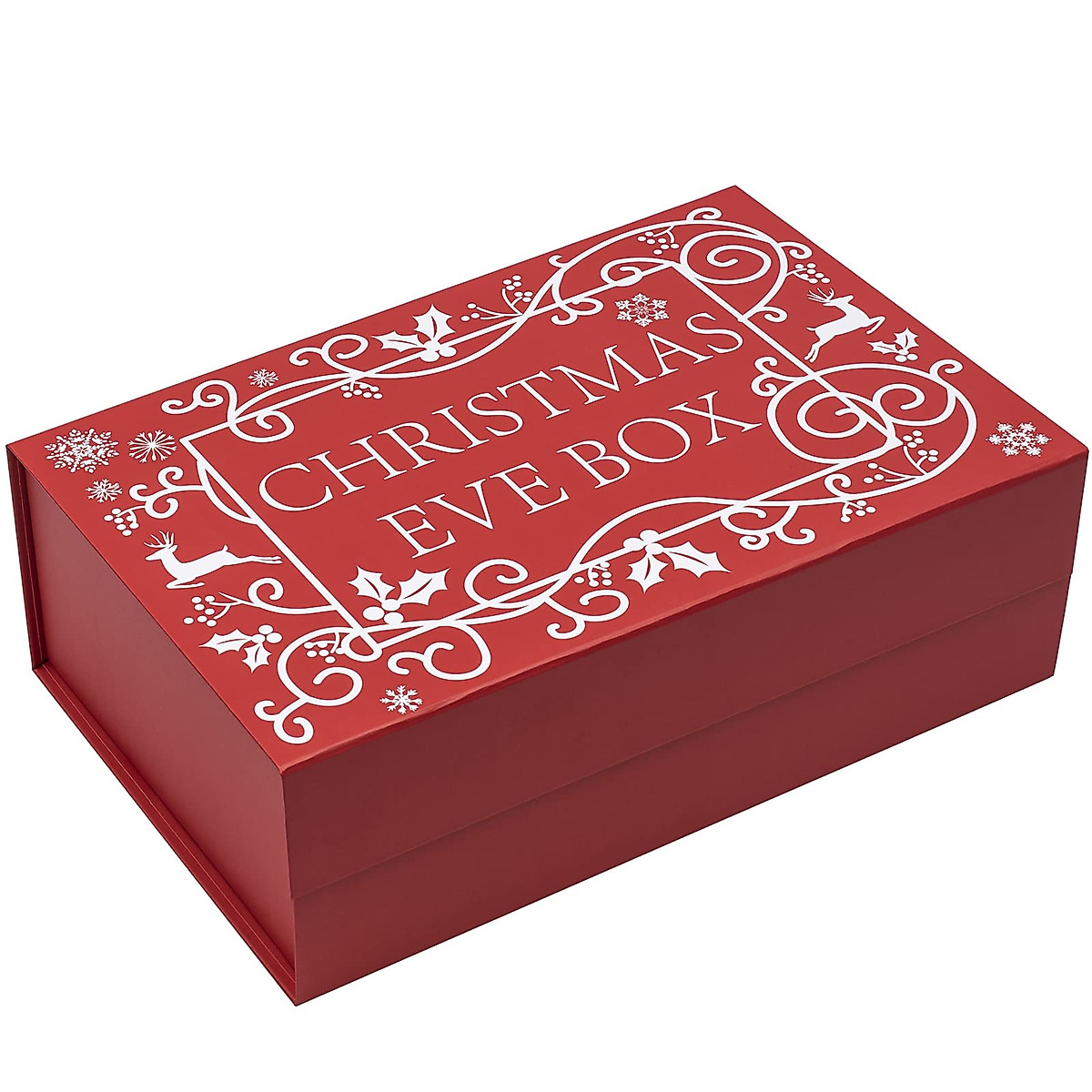 WRAPAHOLIC 1 Pcs Christmas Gift Box with Lid - 13.3 x 9 x 4 Inches Red and White Christmas Eve Box Lettering Design Gift Box, Collapsible Gift Box with Magnetic Closure and 2 Pcs Tissue Paper