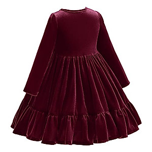 IMEKIS Christmas Dress for Toddler Girls Velvet Dress Baby Winter Pageant Party Gowns Kids Princess Long Sleeve Wedding Evening Gown Xmas Holiday Thanksgiving Birthday Fall Outfit Burgundy 5-6X