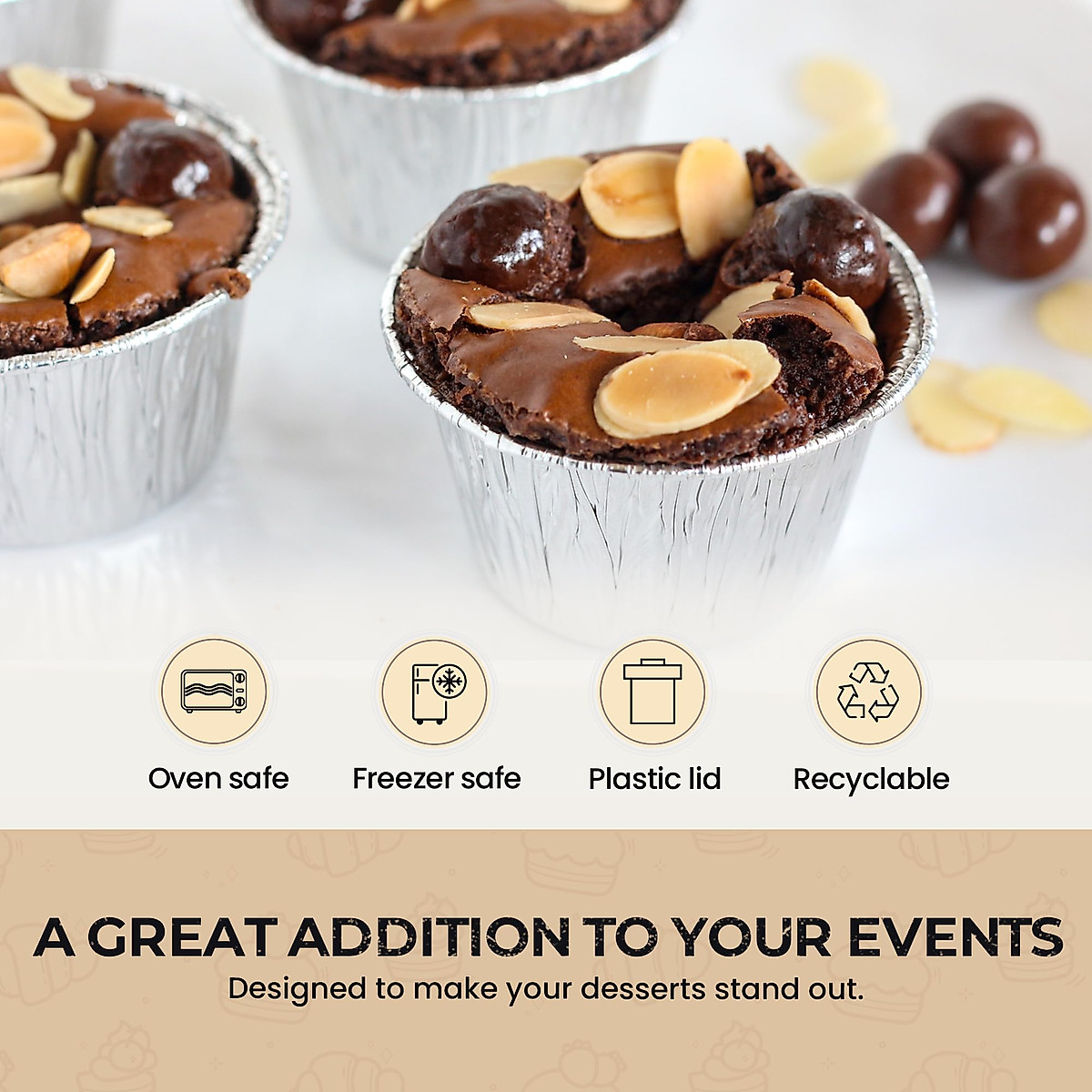 KitchenDance Disposable Aluminum Baking Cake Cup with Dome Lid - 7 Ounces Round Dessert Cups for Cakes, Muffin Cups - Aluminum Foil Baking Cup Perfect for Baking, Preparing Food, 1210P, 50 Count