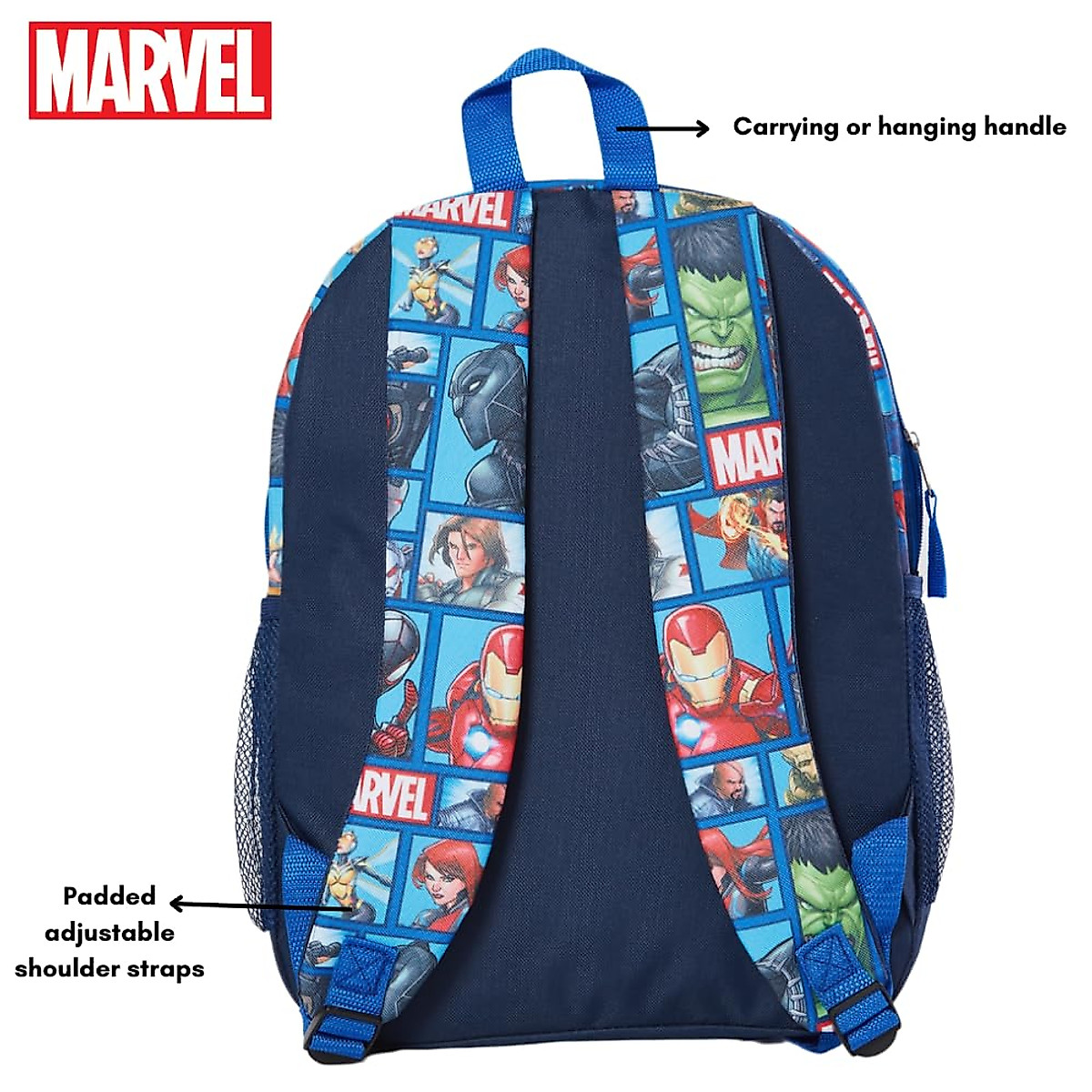 Marvel Comics Avengers Iron Man, Thor, Captain Marvel, Spiderman Backpack for Kids, 16 inch