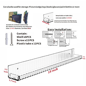 Cq acrylic Clear Floating Bookshelf for Kids Room,15" Invisible Wall Mounted Hanging Book Shelves, U Modern Picture Ledge Display Toy Storage Vinyl Record Wall Shelf,Pack of 6
