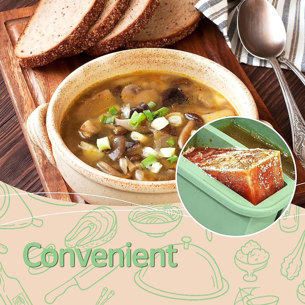 KEVJES Silicone Soup Freezer Cube Container with lid-Easy Meal Prep Container-Leftover Food Storage-Freeze&Store Soup Broth,Sauce,Leftovers-Green-2Pack