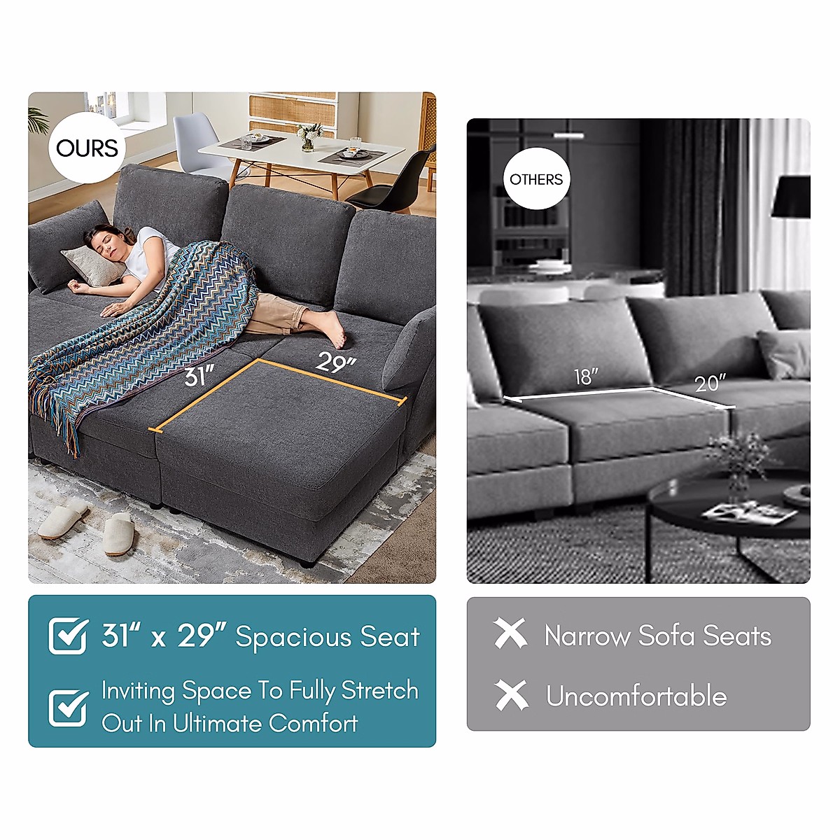 VanAcc 131 Inches Modular Sectional Sofa, Oversized Sectional Sofa with Storage, Ottomans, 6 Seats U Shaped Sofa- Chenille Gray