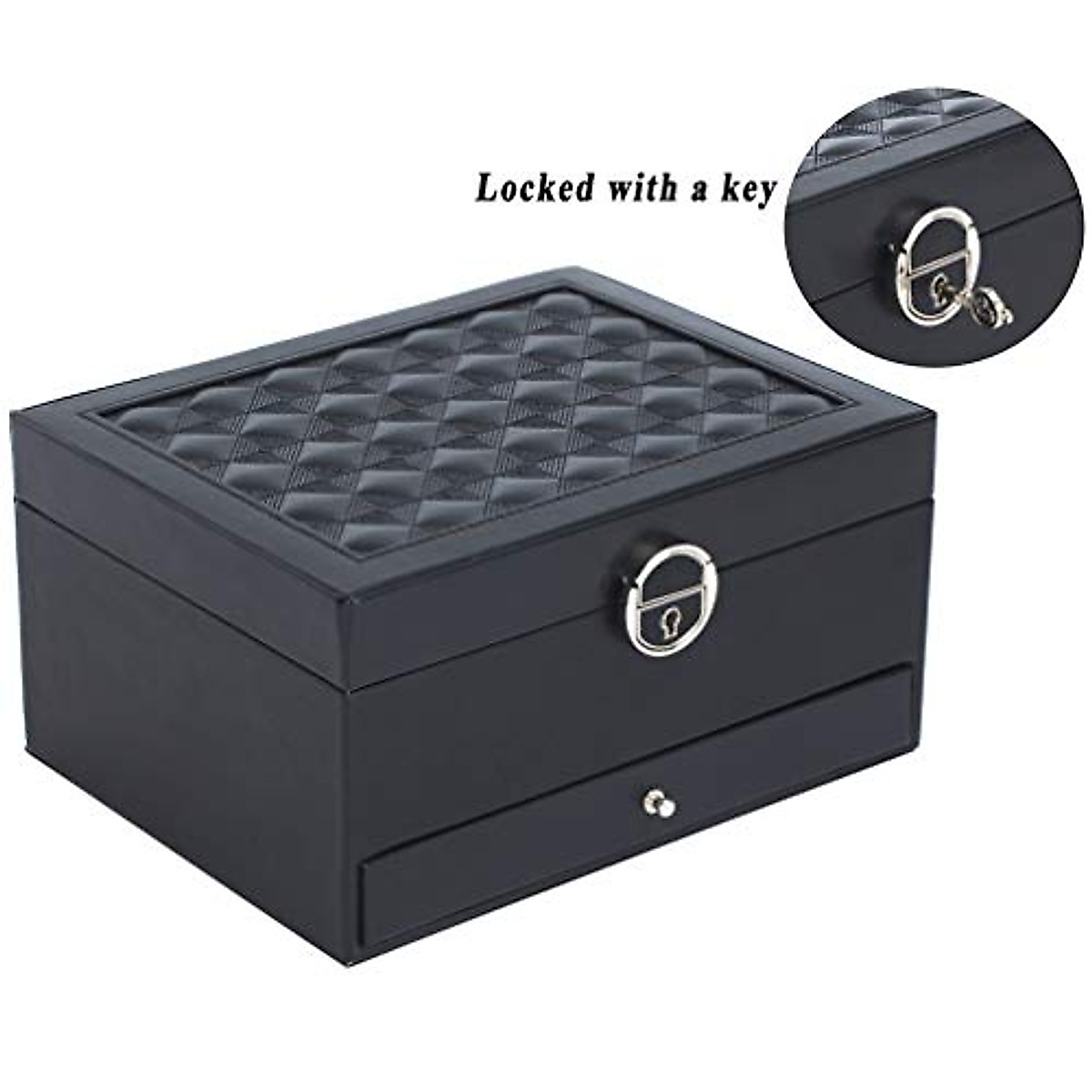 Jewelry Box Organizer Three-Layers Leather Jewelry Display Case Retro Lock Mirror (Three-Layers, Black)
