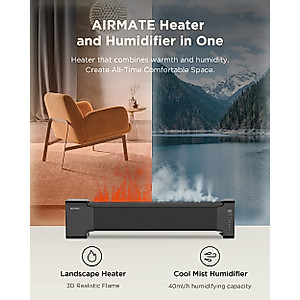 AIRMATE Electric Fireplace Heater 45"& Humidifier 2in1 with Remote, Silent 35dB Linear Fireplace Realistic Flame, Thin Indoor Fireplace Electric for the Living Room, 1200w LED Touch Control, 24H Timer