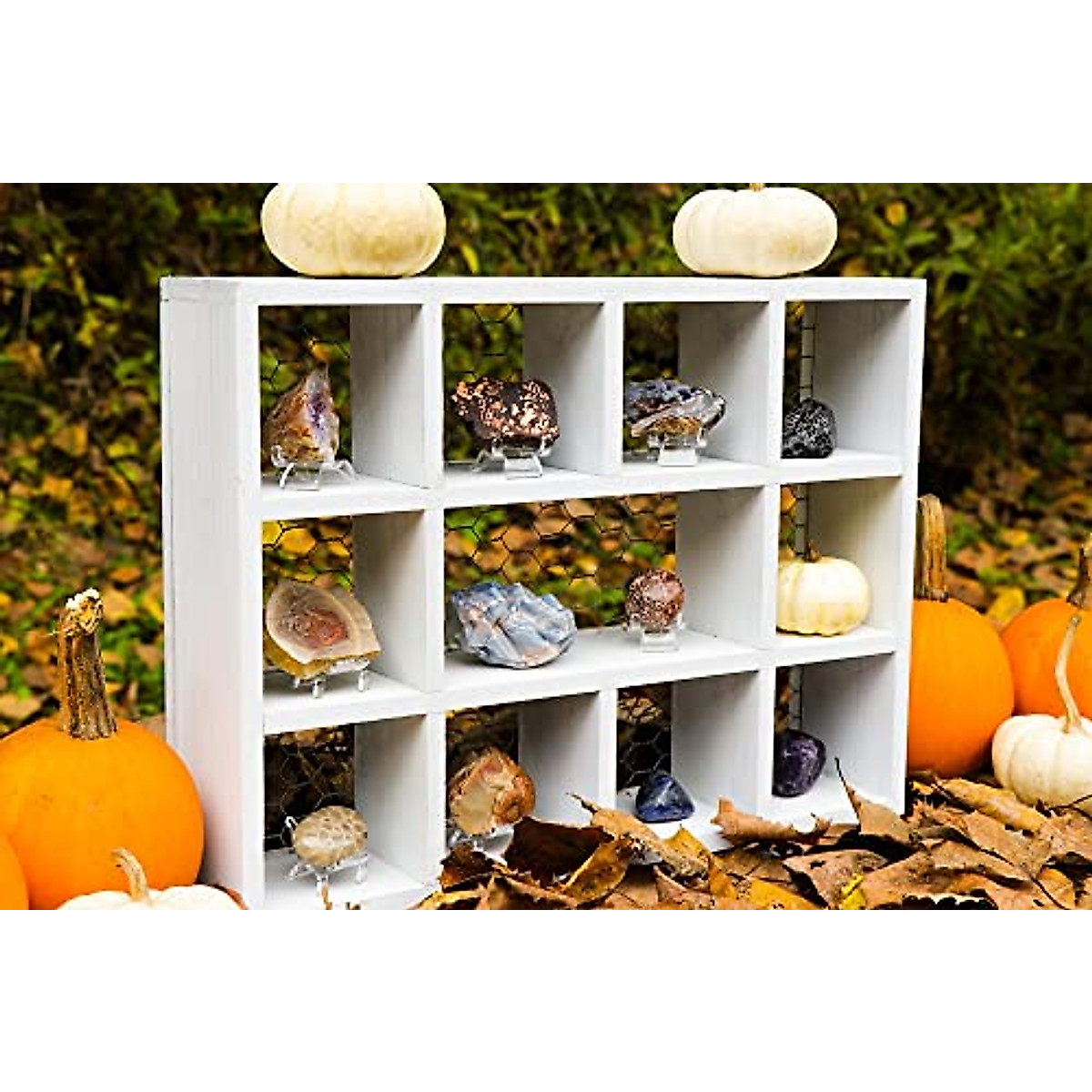 Crystal Holder Display Shelf - Rustic Wall Mounted Shelf for Farmhouse Décor with Chicken Wire for Spices, Rocks, Countertop Organizer, Shadow Box (Rustic White)