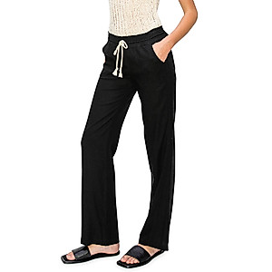 Cali1850 Women's Casual Linen Pants 32" Inseam Oceanside Drawstring Smocked Waist Lounge Beach Pants with Pockets Black 2XL