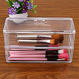 Hipiwe Clear Acrylic Make Up Organizer Box Double Deck Dresser Container Case with Lid for Jewelry Cosmetic Bathroom Storage Holder for Cotton Ball and Swab, Cotton Pad, Q-tip (2 Compartment)