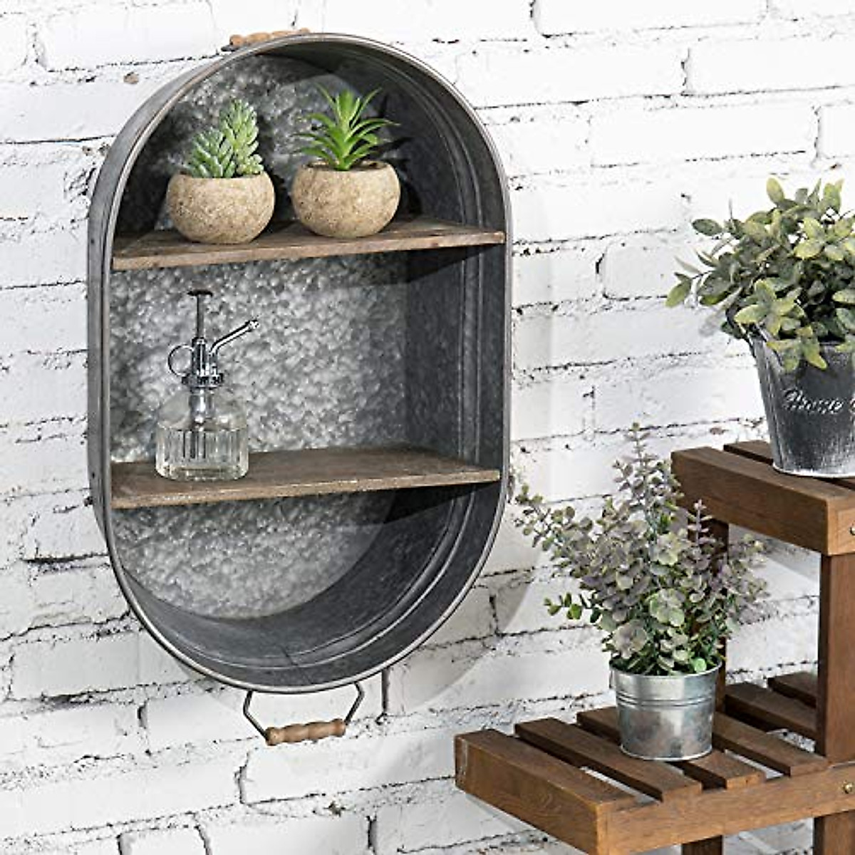MyGift Rustic Tub Design Galvanized Metal Wall Shelf Rack with 2 Tier Vintage Wood Display Shelves