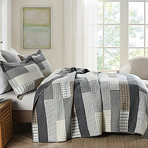 PERHOM Quilt Queen Size - 100% Cotton Farmhouse Rustic Queen Quilt Set, Cabin Bedding Set Bedspreads, Lodge Lightweight Patchwork Plaid Quilted Comforter for Queen Bed, Grey/Brown/Beige