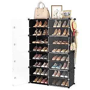 LANTEFUL Shoe Rack Organizer Shoe Storage Cabinet 8 Tiers 32 Pair Portable Shoe Storage Sturdy Plastic Black Shoe Shelf with Hooks Shoe Rack with Door for Entryway, Bedroom and Hallway