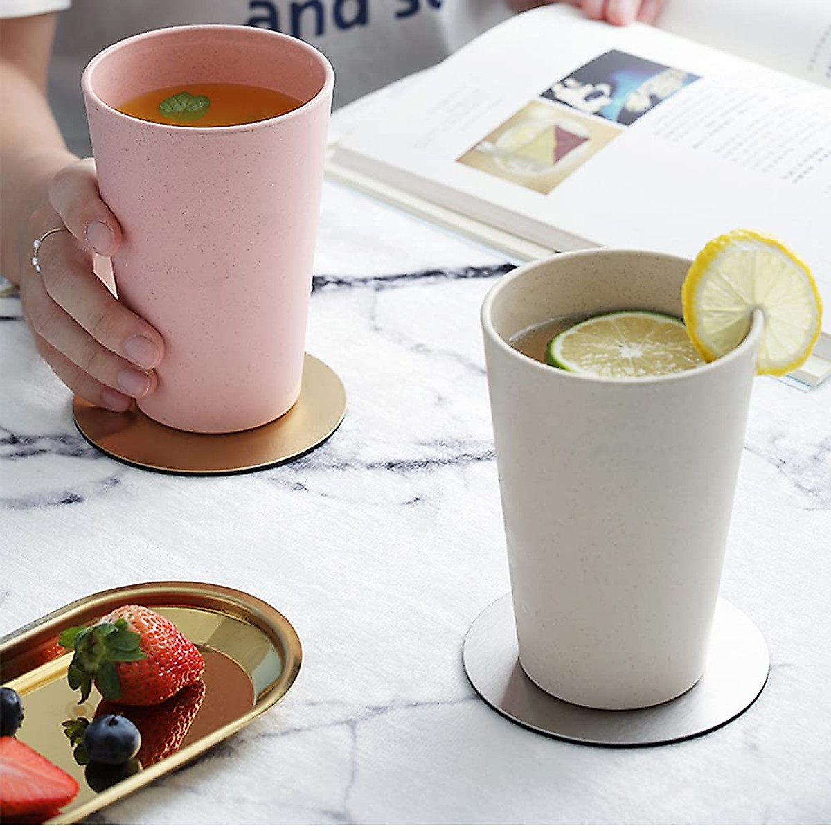 Roucerlin 5PCS Big 20OZ Wheat Straw Cup, Unbreakable Reusable Drinking Cups Water Cup, Stackable Coffee Cup Juice Tumblers, Mug for Coffee, Tea, Water, Milk, Juice (Beige)