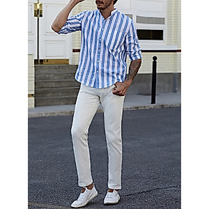 JMIERR Mens Casual Cotton Linen Shirts Button Down Long Sleeve Striped Beach Resort Shirts for Men,US 38(S),0Sky Blue