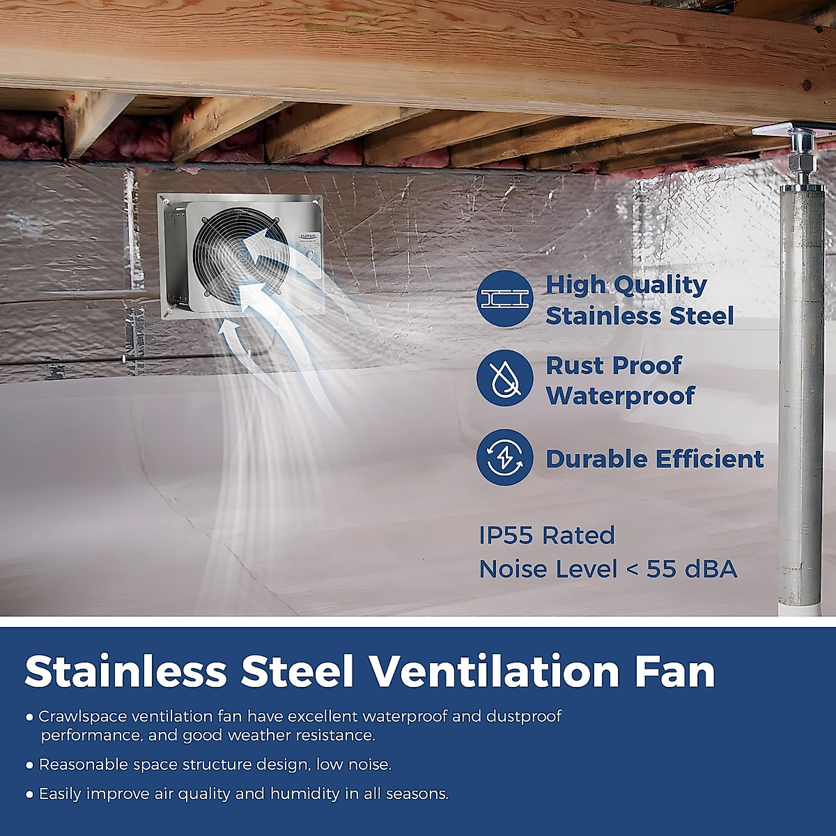 ALORAIR 780CFM Crawlspace Ventilation Fan with Humidistat, IP55 Rated Basement Stainless Steel Exhaust Fan, Built-In Isolation Net 9.13 Inch Foundation Vent Fan for Crawl Space,Garage,Attic,Grow Tent