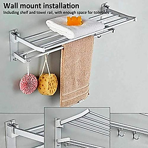 lesiega Towel Rack for Bathroom and Lavatory Double Towel Bar Holder with Hooks Wall Mounted Multifunctional Foldable 2-Tier Shelf Ideal for Kitchen Lavatory Bathroom, 15.7in