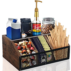 Yalikop Coffee Station Organizer Coffee Bar Holder for Countertop Coffee and Tea Condiment Pod Wooden Storage Basket Rustic Coffee Bar Organizer with Iron Mesh for Coffee Accessories Organizer Decor