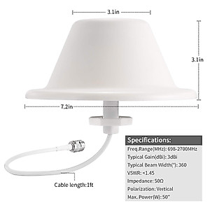 Dome Ceiling Antenna, XRDS-RF OmniDirectional Indoor Antenna 3G/4G/GSM/LTE High Performance Wide Band Antenna with N-Female Connector for Cell Phone Signal Booster Router Gateway (698 to 2700 MHz)