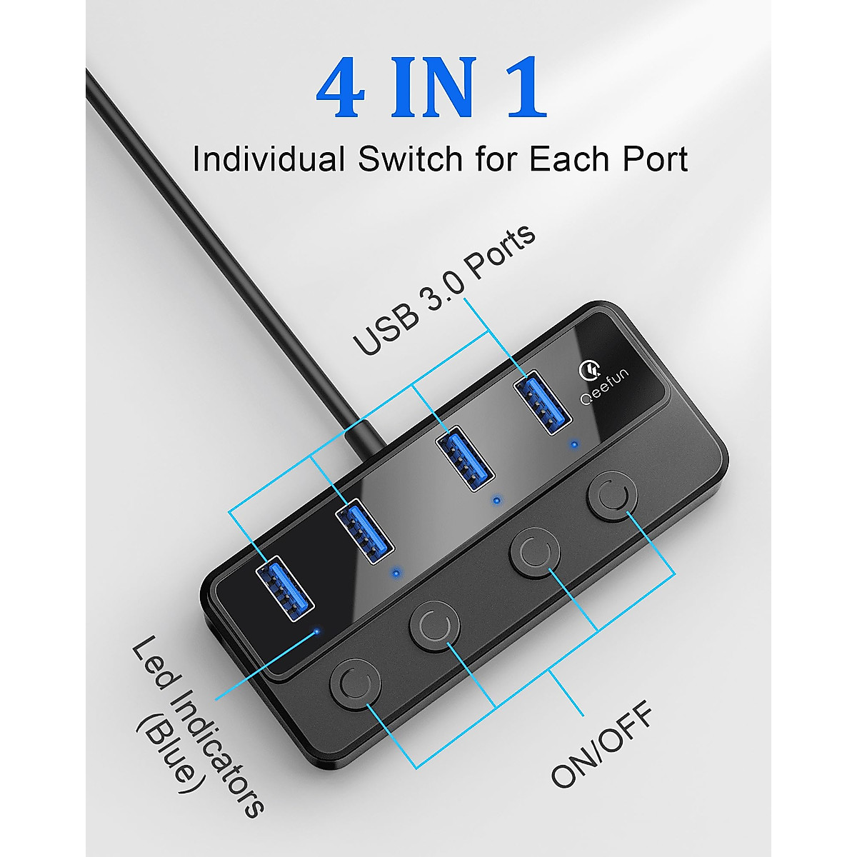 Qeefun 4-Port USB Hub 3.0, Individual LED Power Switches USB Extension 2ft USB Extender 5V/3A USB Adapter for Laptop, PC, USB Flash Drives, and More……