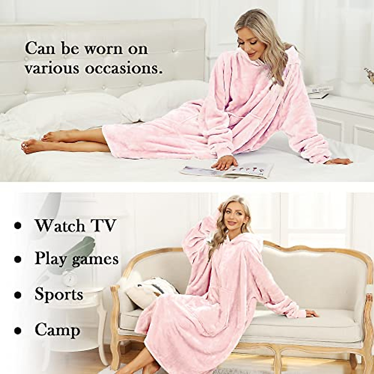 Kipswiza Wearable Hoodie Blanket for Women Flannel Warm Lightweight Long Blanket Thick Soft Big Hooded Sweatshirt Blanket for Adults Womens Girls Teenagers Teens Gifts Light-Pink