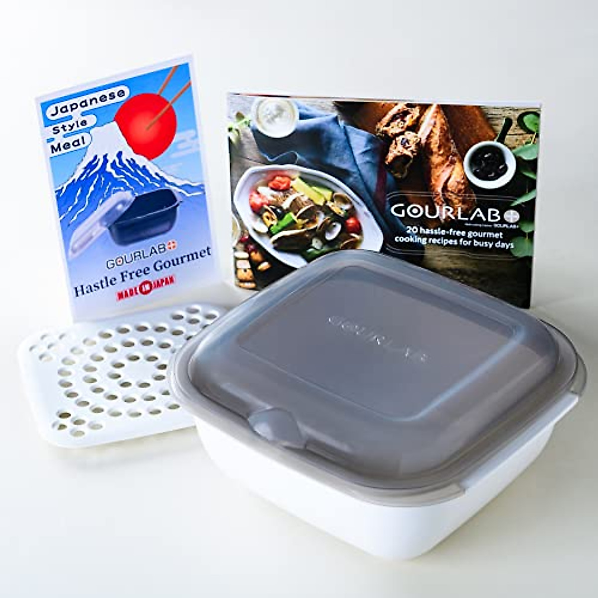 GOURLAB+ Microwave Cookware 6 in 1 Anyday Cookware Freezer & Oven Safe, Japanese Rice Cooker, Ramen Microwave Steamer Microwave Bacon Cooker (White) - Made in Japan