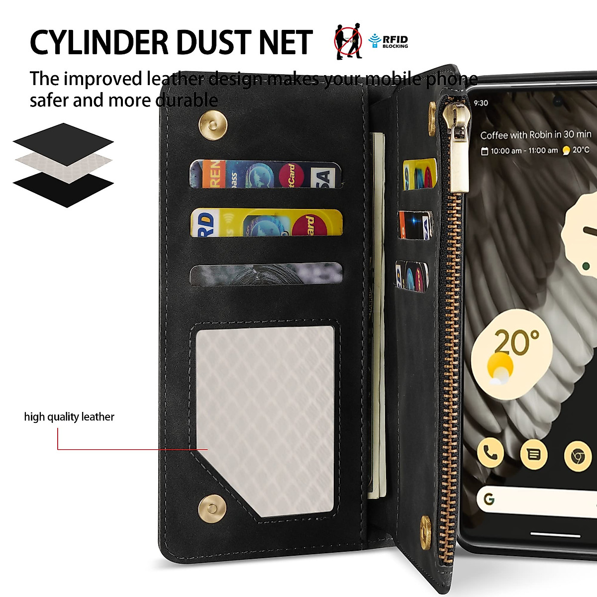 ZZXX for Google Pixel 7 Pro Case Wallet with RFID Blocking Card Slot Premium PU Leather Zipper Flip Folio Wallet with Wrist Strap Kickstand Protective for Google 7 Pro Wallet Case(Black 6.7 Inch)