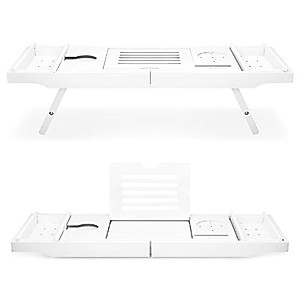 Navaris Bed and Bath Tray - Wooden Rack with Folding Legs - Bamboo Bathtub Caddy Bridge Shelf with Book or Tablet Stand - White
