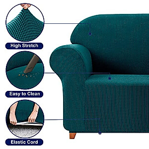 SUBRTEX Stretch Loveseat Sofa Slipcover 2 Piece Sofa Cover 2 Seater Soft Couch Slipcover Washable Furniture Covers, Jacquard Fabric Small Checks(Turquoise,Loveseat)